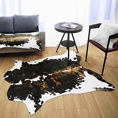 Amearea Faux Cowhide Rug, Premium Cow Print Rugs for Bedroom, Large Cow Hide Area Rug, Faux Fur Animal Hide Carpets for Livingroom, Kids Bedroom, Dining Western Decor Mat, Dark Brown 4.6x5.2 Feet