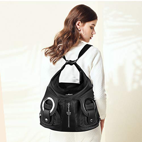 Soft Washed Leather Hobo Women Handbags Roomy Multiple Pockets Street ladies' Shoulder Bag Fashion Satchel Bag (W6802-2P#1668#1-BLACK/BLACK)