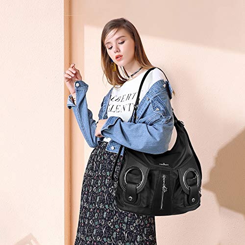 Soft Washed Leather Hobo Women Handbags Roomy Multiple Pockets Street ladies' Shoulder Bag Fashion Satchel Bag (W6802-2P#1668#1-BLACK/BLACK)