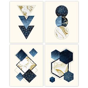 modern geometric abstract navy blue gold wall art decor prints, 4 (8×10) unframed photos, artwork gifts under 20 for home bar room bathroom office design studio idea lounge student teacher friend