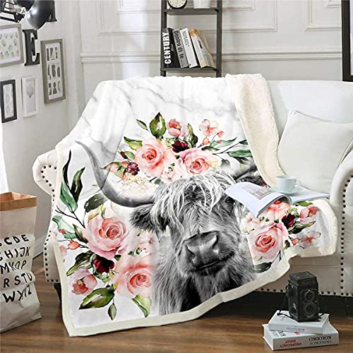 Erosebridal Highland Cow Flower Flannel Blanket Bull Cattle Sherpa Blanket Western Cowboy Funny Animal Throw Blanket Wildlife Farmhouse Cow Bed Blanket Rose Grey Marble Plush Blanket Throw 50"x60"