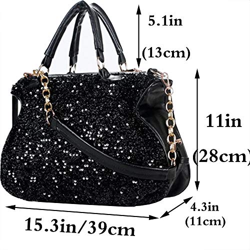 FiveloveTwo Women Punk Chain Handbag Purse Rhinestone Top-handle Shoulder Bag PU Leather Tote Satchel Black