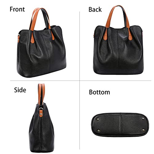 HESHE Womens Genuine Leather Tote Bag Top Handle Bags Shoulder Handbags Ladies Designer Purses Crossbody Bag (Black)