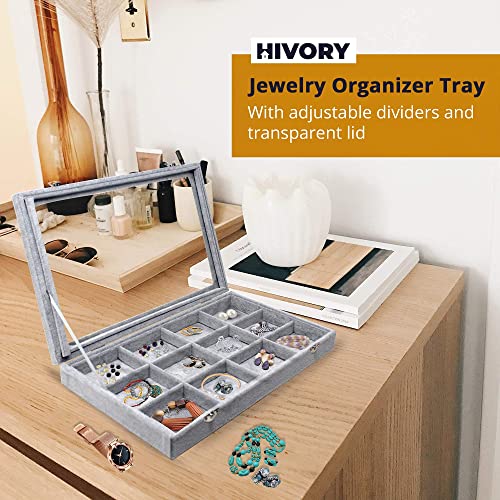 Hivory Bracelet Bangles & Jewelry Accessories Organizer Tray with Transparent Lid ~ Ample Space ~ See Through Top Display Case Accessories Storage Jewelry Box (Grey 12 Grid)