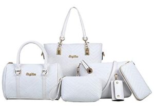 women handbags 6 pcs set pu top handle purse splicing shoulder crossbody bag tote satchels clutch card holder white