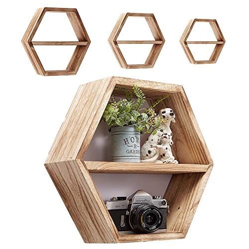 IZB HOME Hexagon Shelves Honeycomb Shelves - Hexagon Floating Shelves Set of 3 Hexagon Shelf, 3 Movable Mid Plates Included - Natural Wood Color