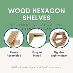 IZB HOME Hexagon Shelves Honeycomb Shelves - Hexagon Floating Shelves Set of 3 Hexagon Shelf, 3 Movable Mid Plates Included - Natural Wood Color