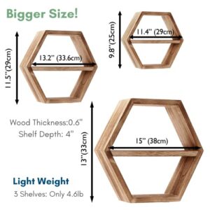 IZB HOME Hexagon Shelves Honeycomb Shelves - Hexagon Floating Shelves Set of 3 Hexagon Shelf, 3 Movable Mid Plates Included - Natural Wood Color