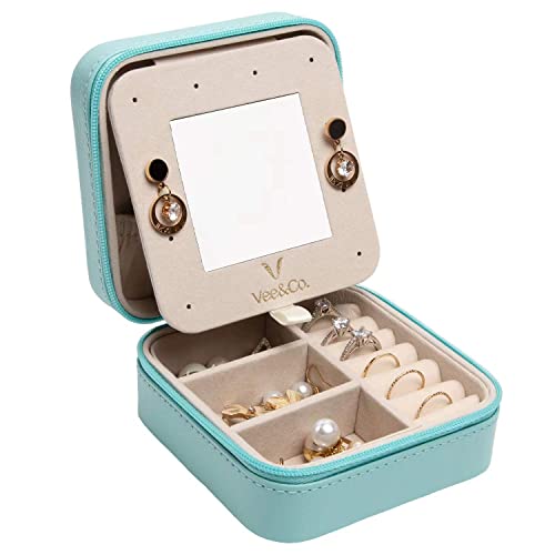 Vee Travel Jewelry Box with Mirror, Small Jewelry Organizer Display Storage Case for Women Girls Earrings Rings Necklaces (Blue)