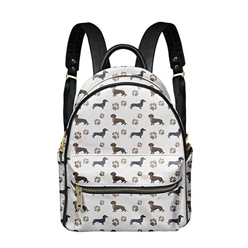 Snilety Ladies Small Shoulder Bag Mini Travel Accessories Daypack, School College Pocketbook Bags for Women, Ladies Knapsack PU Leather Soft Bag, Dachshund Image Printed White