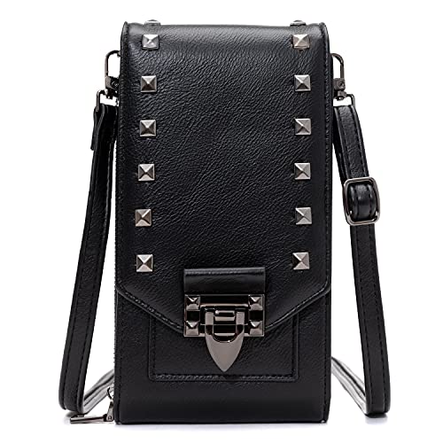 Leather Crossbody Bags for Women, Fashion Cell Phone Shoulder Bag Wallet Small Purse with Card Slot & Long Strap (Black)