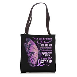 i am the storm lupus awareness purple ribbon butterfly women tote bag