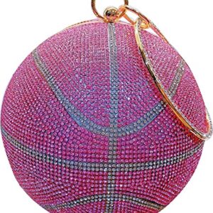 QZUnique Basketball Crossbody Purse Rhinestones Evening Clutch Women Round Ball Handbag Glitter Shoulder Bag for Weeding Party Pink