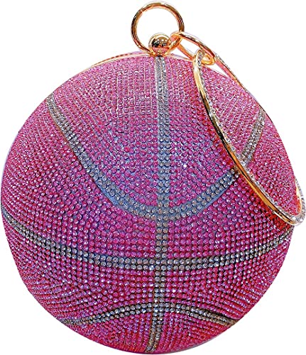 QZUnique Basketball Crossbody Purse Rhinestones Evening Clutch Women Round Ball Handbag Glitter Shoulder Bag for Weeding Party Pink