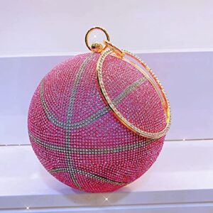 QZUnique Basketball Crossbody Purse Rhinestones Evening Clutch Women Round Ball Handbag Glitter Shoulder Bag for Weeding Party Pink