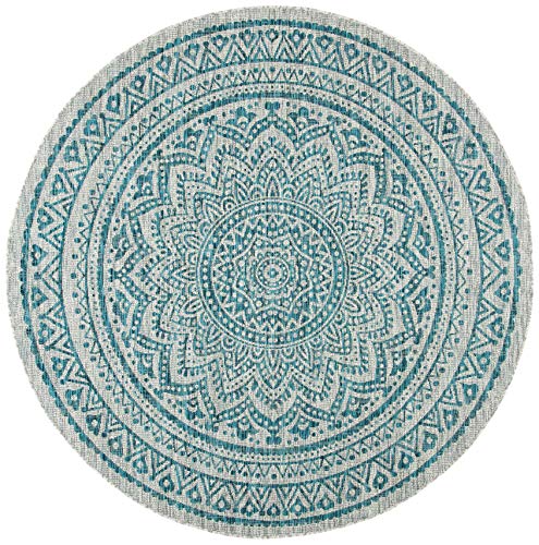 SAFAVIEH Courtyard Collection 5'3" Round Light Grey / Teal CY8734 Indoor/-Outdoor-Waterproof Easy-Cleaning Patio Backyard Mudroom Area-Rug