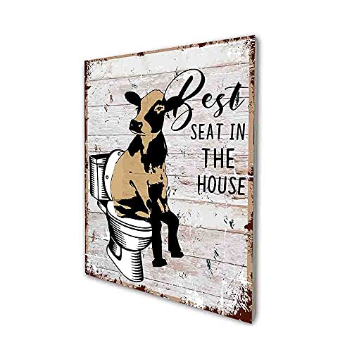 akeke Best Seat in The House Cow Funny Bathroom Quote Retro Farmhouse Wood Wall Art Decor Gift Idea for Friend Family Office/Home Bathroom