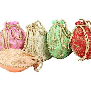 GoldGiftIdeas Gold Handcrafted Embroidered Dupion Silk Potli Bags for Women, Potli Pouches for Return Gifts, Fancy Bridal Potli Purse for Wedding, Shagun Potlis (Set of 5)