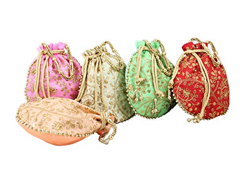 GoldGiftIdeas Gold Handcrafted Embroidered Dupion Silk Potli Bags for Women, Potli Pouches for Return Gifts, Fancy Bridal Potli Purse for Wedding, Shagun Potlis (Set of 5)