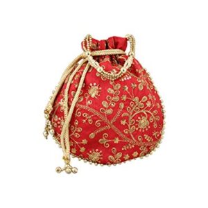 GoldGiftIdeas Gold Handcrafted Embroidered Dupion Silk Potli Bags for Women, Potli Pouches for Return Gifts, Fancy Bridal Potli Purse for Wedding, Shagun Potlis (Set of 5)