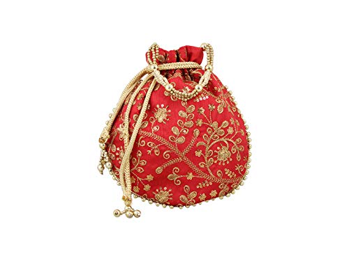 GoldGiftIdeas Gold Handcrafted Embroidered Dupion Silk Potli Bags for Women, Potli Pouches for Return Gifts, Fancy Bridal Potli Purse for Wedding, Shagun Potlis (Set of 5)