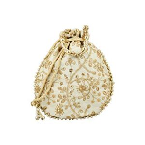 GoldGiftIdeas Gold Handcrafted Embroidered Dupion Silk Potli Bags for Women, Potli Pouches for Return Gifts, Fancy Bridal Potli Purse for Wedding, Shagun Potlis (Set of 5)