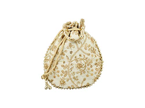 GoldGiftIdeas Gold Handcrafted Embroidered Dupion Silk Potli Bags for Women, Potli Pouches for Return Gifts, Fancy Bridal Potli Purse for Wedding, Shagun Potlis (Set of 5)