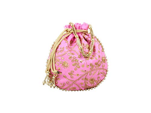 GoldGiftIdeas Gold Handcrafted Embroidered Dupion Silk Potli Bags for Women, Potli Pouches for Return Gifts, Fancy Bridal Potli Purse for Wedding, Shagun Potlis (Set of 5)