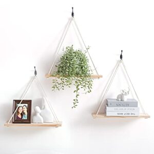 titanape macrame hanging shelves [set of 3] swing rope plant shelf, 100% natural wooden wall shelves for nursery children room decor, boho shelf for bedroom bathroom dorm apartment wall decor