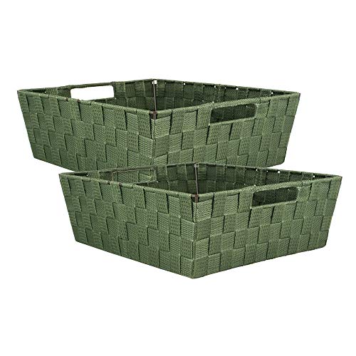 Set of 2 Green Trapezoid Basket Weave Nylon Storage Bin 15"