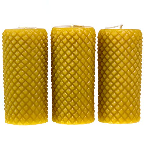 Alternative Imagination 100% Pure Beeswax Diamond Pillar Candles (2x4 Inch), 3 Pack, 20 Hour Burn Time, Hand-Poured, Made in USA (Yellow)