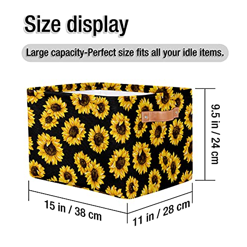 Sunflower Storage Baskets Bin, Collapsible Canvas Fabric Storage Bin Decorative Baskets Toy Organizer Rectangle Storage Boxes with Handles for Home Shelves Nursery,1Pack