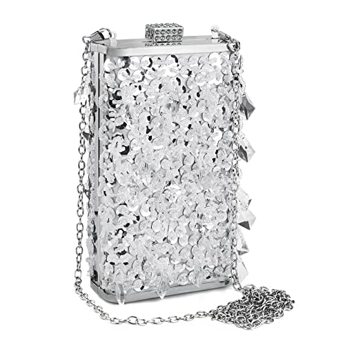 Silver Clutch Purses for Women Evening, Sequins Rhinestone Beaded Bags with Removable Silver Chain, Glitter Crossbody Handbag for Wedding Party Cocktail Bridal Prom