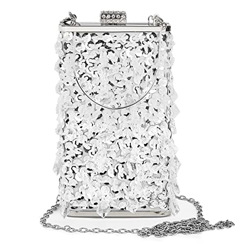 Silver Clutch Purses for Women Evening, Sequins Rhinestone Beaded Bags with Removable Silver Chain, Glitter Crossbody Handbag for Wedding Party Cocktail Bridal Prom