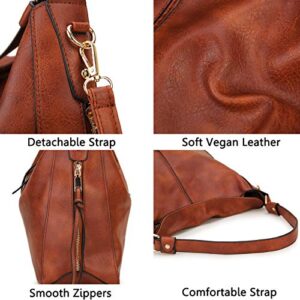 Hobo Bags for Women,VONXURY Faux Leather Tote Purse Ladies Handbag Large Shoulder Bags with Side Pockets for Work Travel,Brown