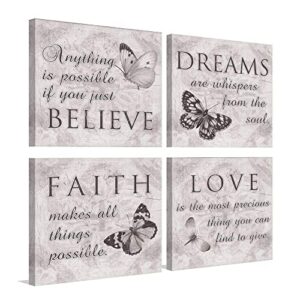 butterfly wall art 4 pcs inspirational quotes love dream faith believe grey butterfly framed pictures wall decor butterfly art wall decor faith canvas wall art for bathroom bedroom