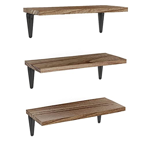 Wallniture Arras Rustic Wood Floating Shelves for Wall Storage, Wall Shelves for Living Room, Burnt Finish Plant Shelf Set of 3