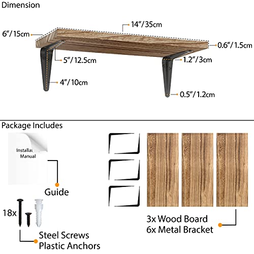 Wallniture Arras Rustic Wood Floating Shelves for Wall Storage, Wall Shelves for Living Room, Burnt Finish Plant Shelf Set of 3