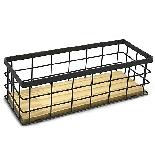 JOYJOO Metal Storage Basket Small with Wood Base, Decorative Baskets for Home Storage, Wire Basket for Organizing Small Tableware Black with Brown