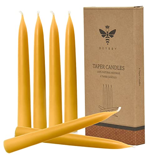 Natural Beeswax Taper Candles, DEYBBY Smokeless and Dripless Beeswax Candles, Long Lasting Burning, Nontoxic, 8 inch, 6 Pack