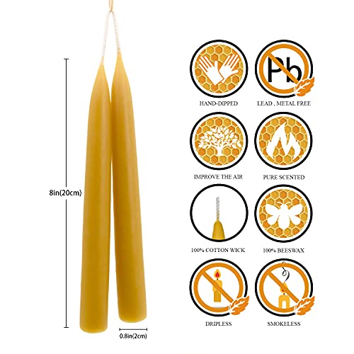 Natural Beeswax Taper Candles, DEYBBY Smokeless and Dripless Beeswax Candles, Long Lasting Burning, Nontoxic, 8 inch, 6 Pack