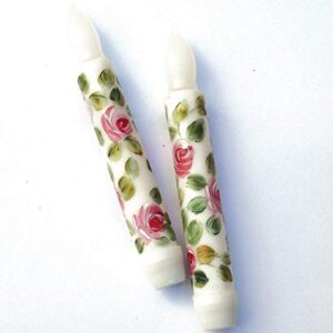 Romantic Decorative Battery Operated 6 Inch Short Flameless Taper Candles with Hand Painted Pink Roses Spring Decor