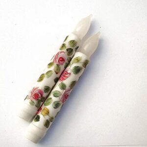 Romantic Decorative Battery Operated 6 Inch Short Flameless Taper Candles with Hand Painted Pink Roses Spring Decor