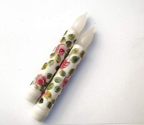 Romantic Decorative Battery Operated 6 Inch Short Flameless Taper Candles with Hand Painted Pink Roses Spring Decor