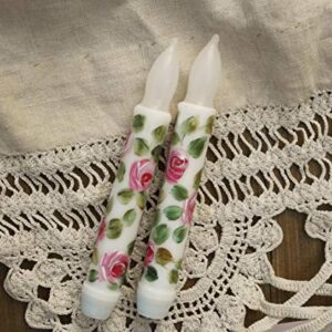 Romantic Decorative Battery Operated 6 Inch Short Flameless Taper Candles with Hand Painted Pink Roses Spring Decor