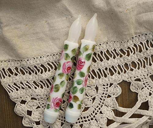 Romantic Decorative Battery Operated 6 Inch Short Flameless Taper Candles with Hand Painted Pink Roses Spring Decor