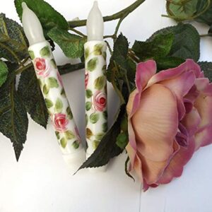 Romantic Decorative Battery Operated 6 Inch Short Flameless Taper Candles with Hand Painted Pink Roses Spring Decor