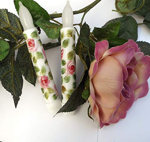 Romantic Decorative Battery Operated 6 Inch Short Flameless Taper Candles with Hand Painted Pink Roses Spring Decor