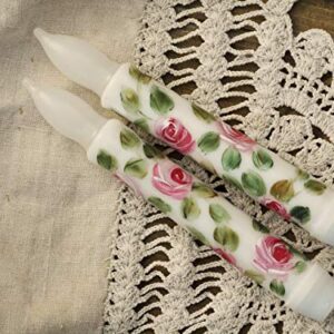 Romantic Decorative Battery Operated 6 Inch Short Flameless Taper Candles with Hand Painted Pink Roses Spring Decor