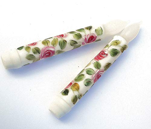 Romantic Decorative Battery Operated 6 Inch Short Flameless Taper Candles with Hand Painted Pink Roses Spring Decor